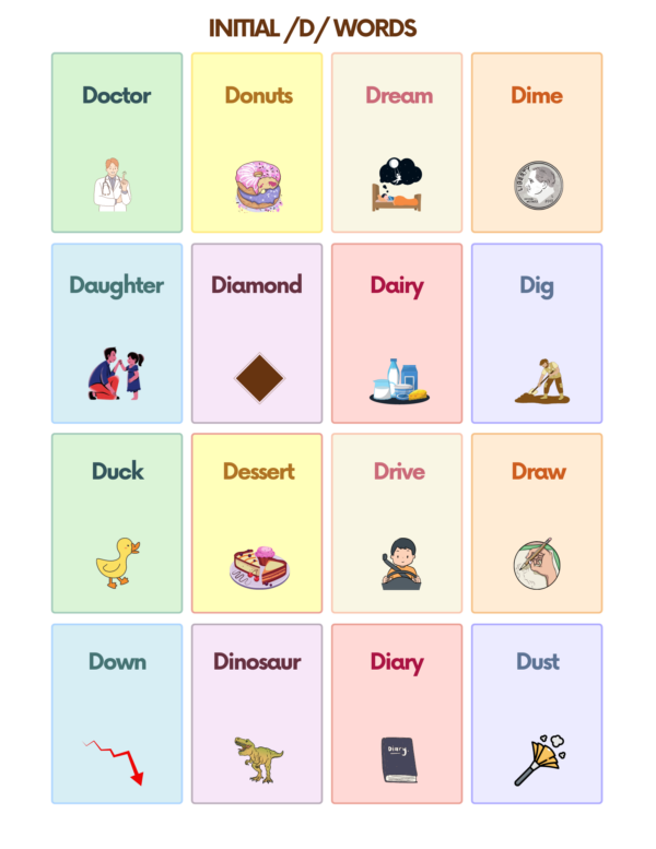 Free D Sound Articulation Words Flashcards for Speech Therapy | AutisticHub