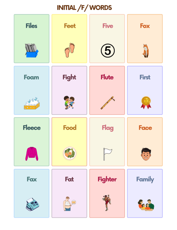 Free F Sound Articulation Words Flashcards for Speech Therapy | AutisticHub