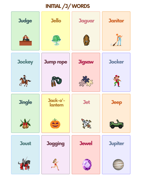 Free J Sound Articulation Words Flashcards for Speech Therapy | AutisticHub