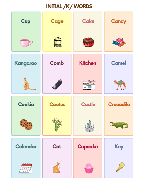 Free K Sound Articulation Words Flashcards for Speech Therapy | AutisticHub