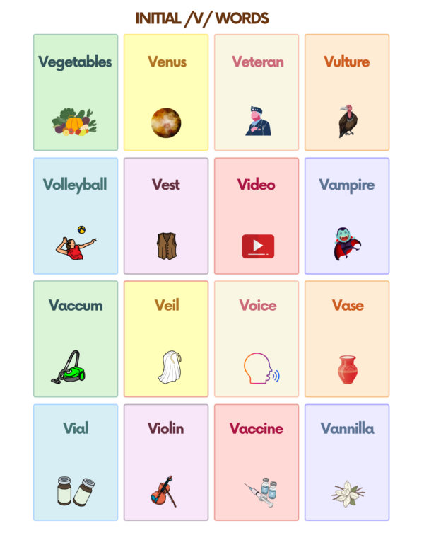 Free V Sound Articulation Words Flashcards for Speech Therapy | AutisticHub